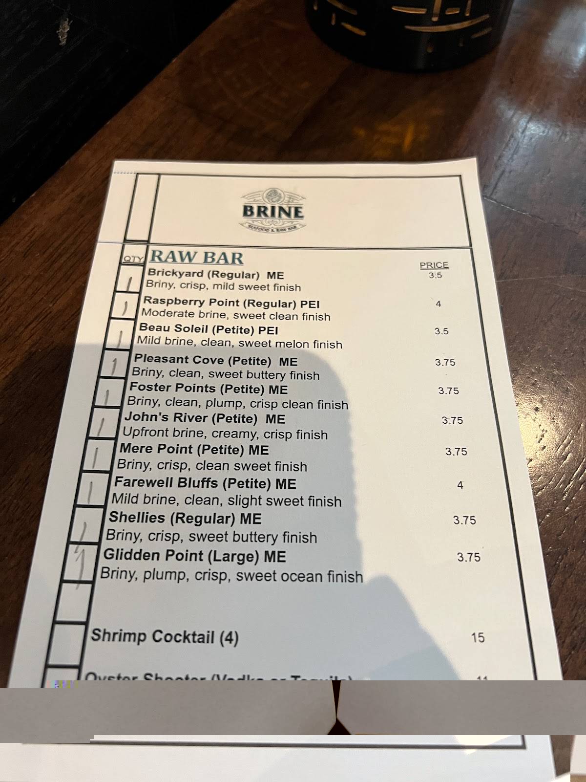 Menu at Brine Seafood and Raw Bar, Sarasota