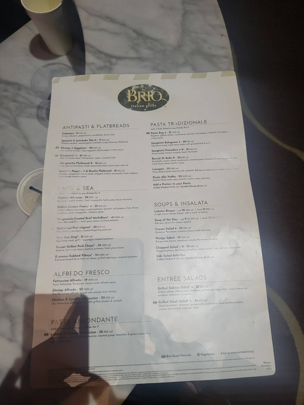 Menu at Brio Italian Grille pub & bar, Cherokee, 777 Casino Dr