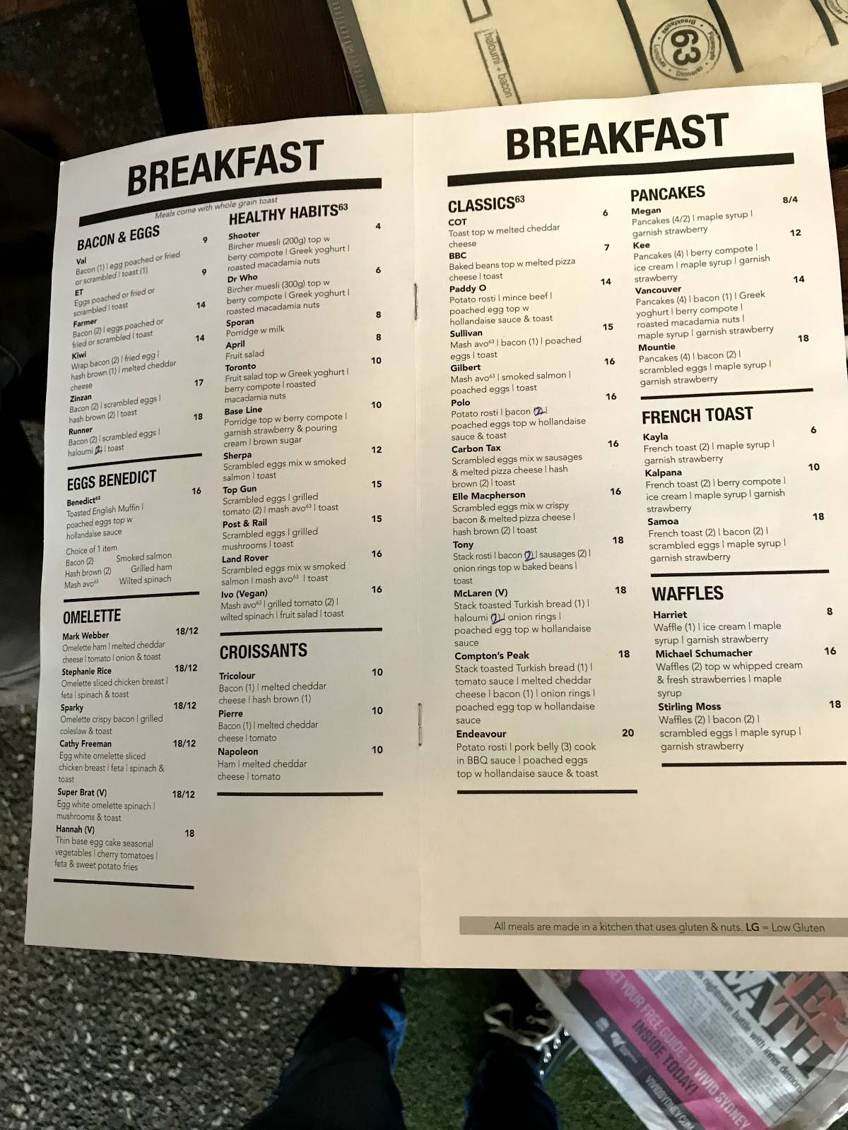 Menu at Cafe 63, South Brisbane, 7/220 Melbourne St
