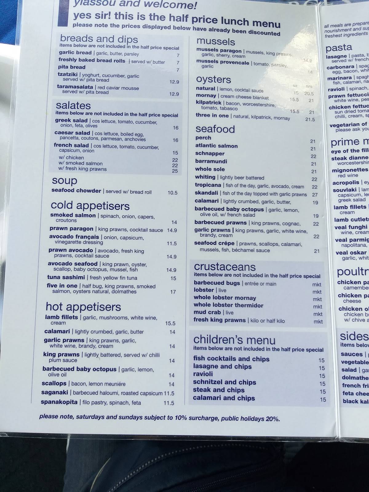 Menu at George's Paragon Seafood Restaurant, Brisbane City