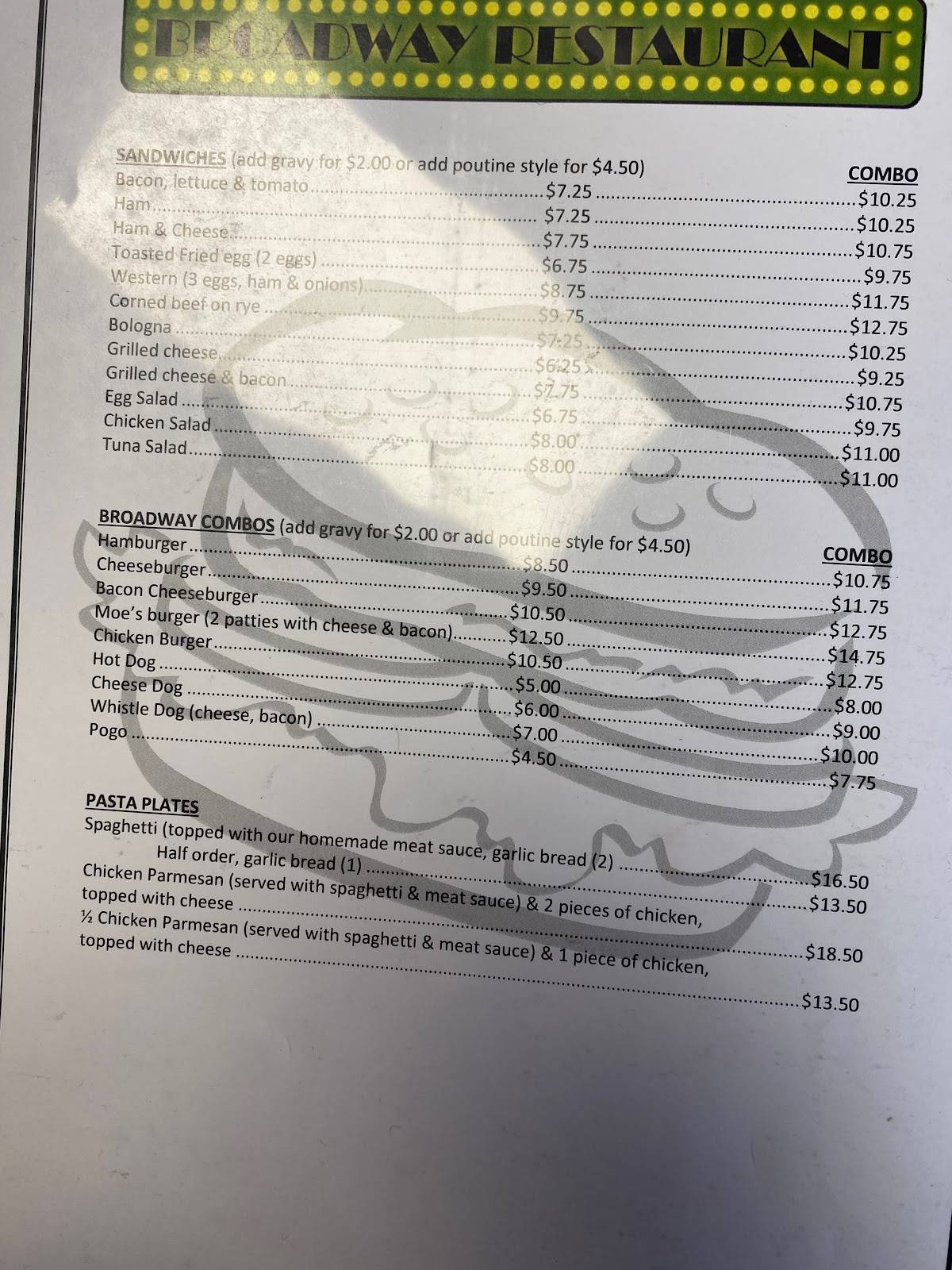 Menu at Broadway Restaurant, Timmins