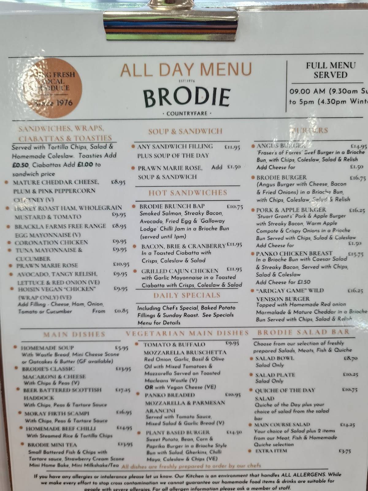 Menu at Brodie Countryfare restaurant, Brodie