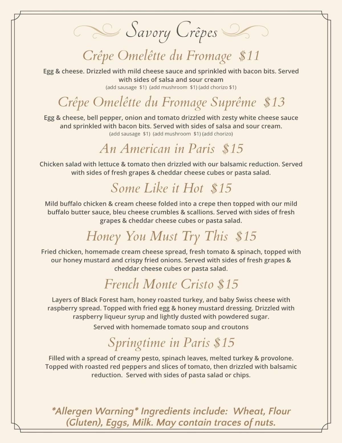 Menu at The Lazy Maid Crêperie cafe, Brooksville