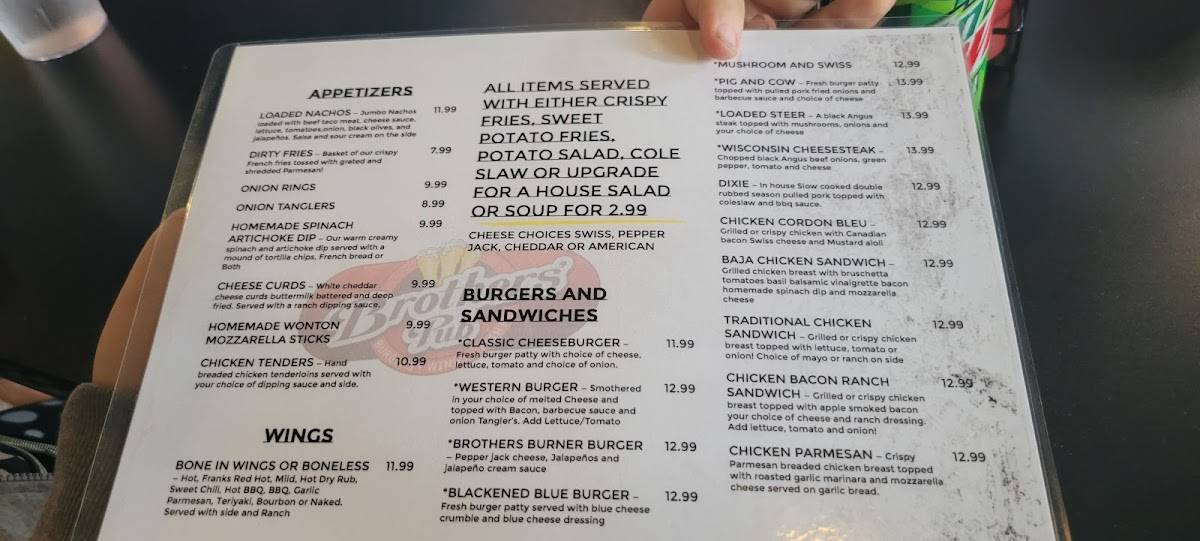 Menu at Brothers' Pub, Shawano, W5867 Lake Dr