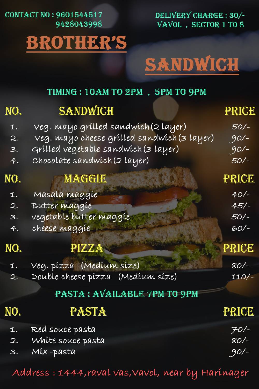Menu at Brother's Sandwich, Gandhinagar
