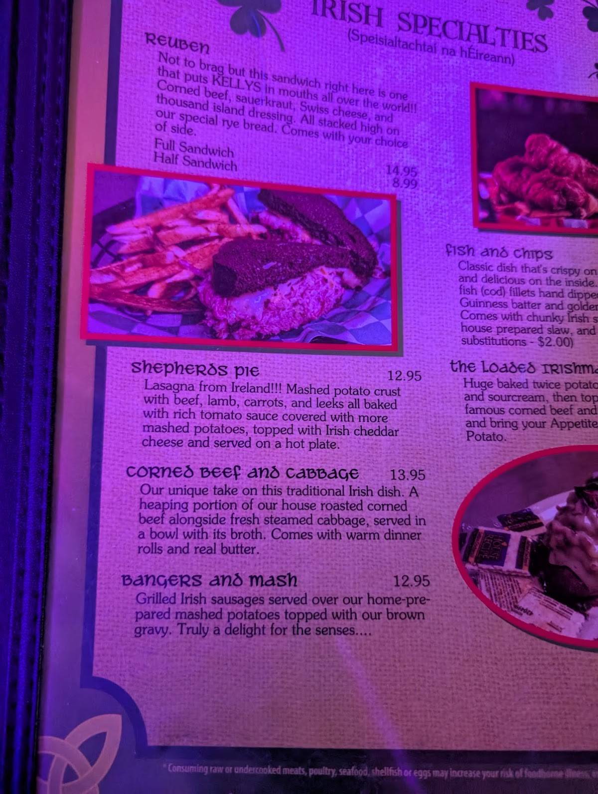 Menu at Kelly's pub & bar, South Padre Island