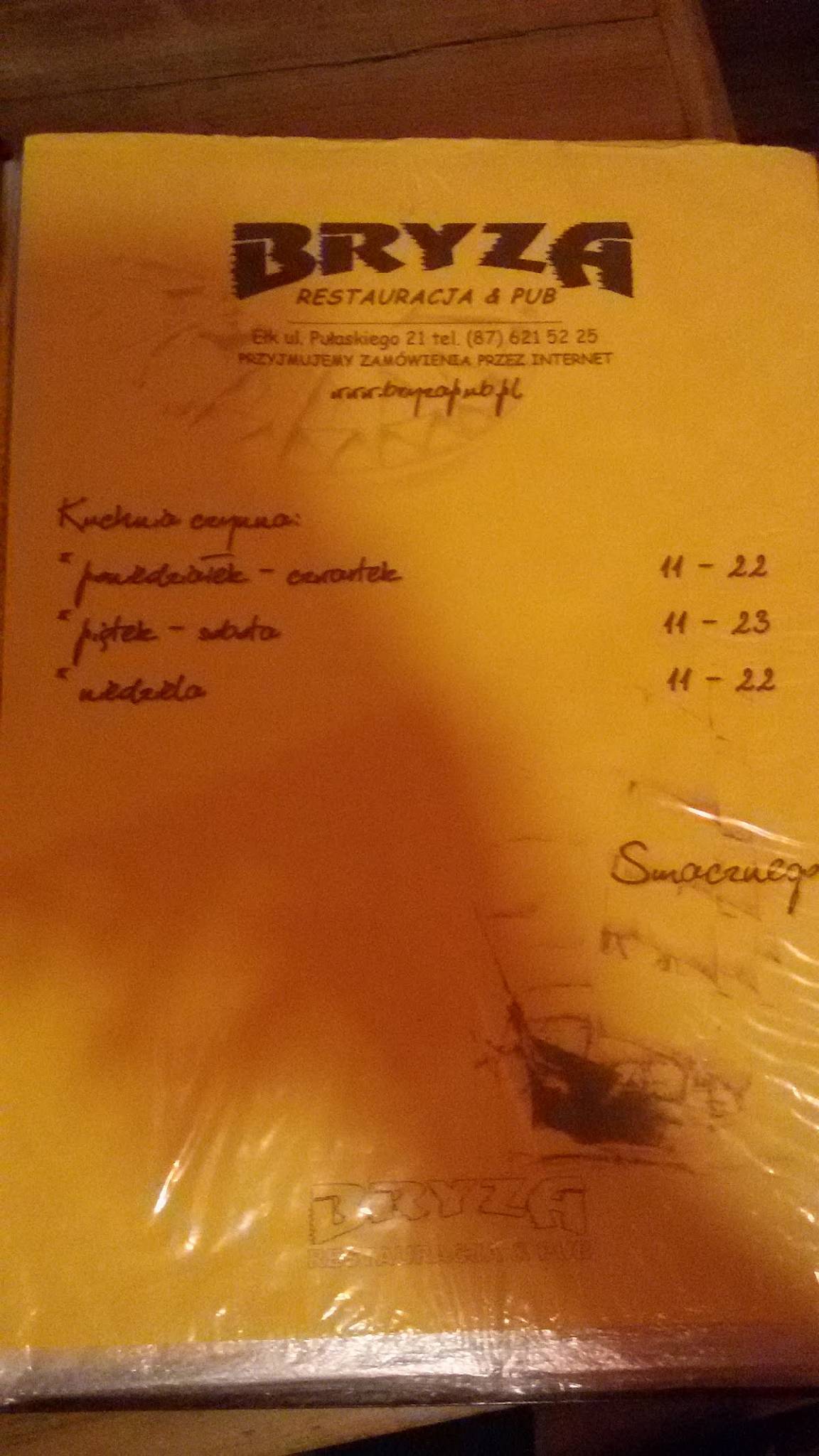 Menu at Bryza restaurant, Elk