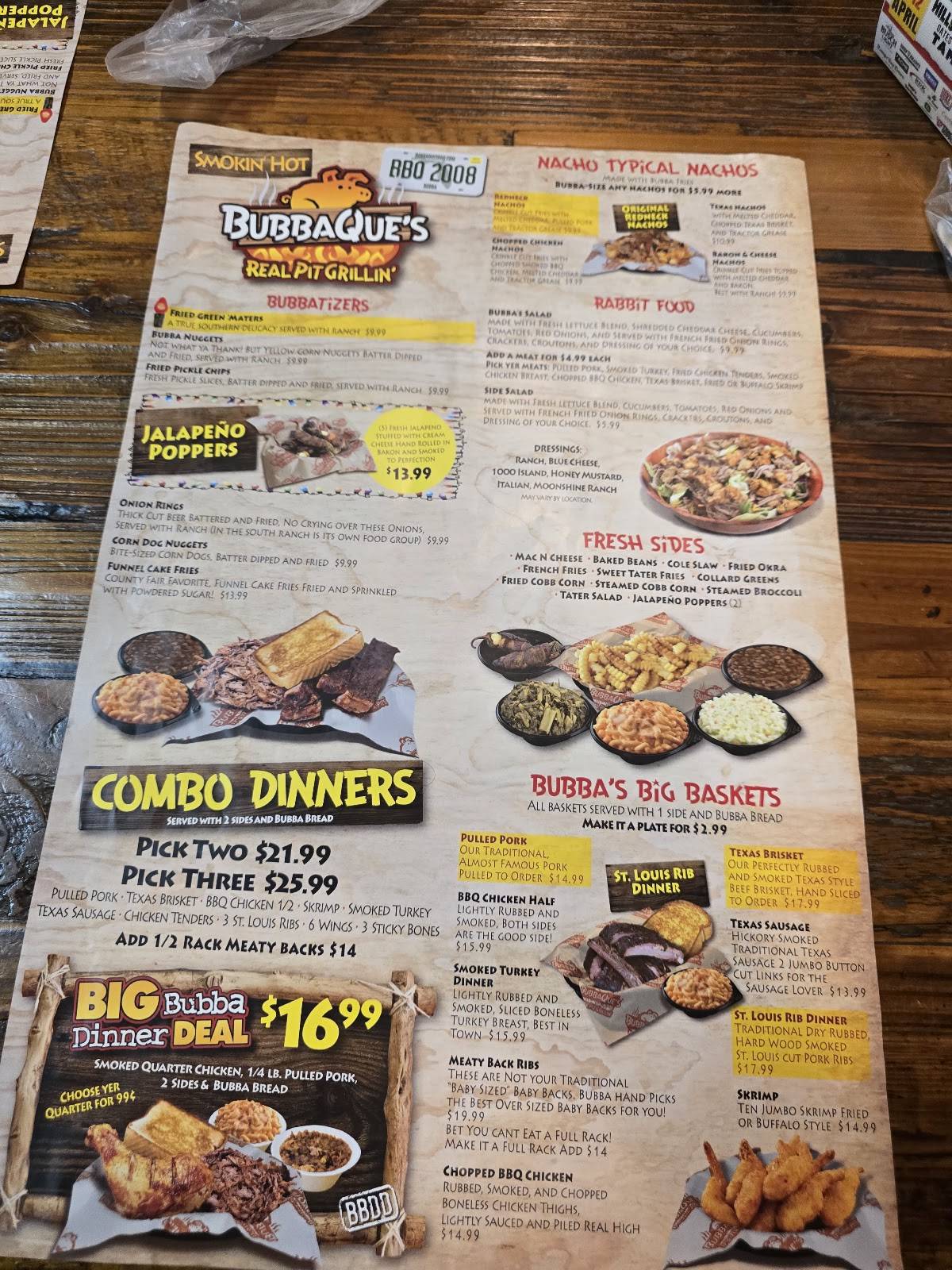 Menu at BubbaQue's BBQ - Sun City, Sun City Center