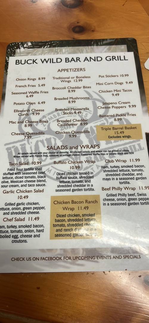 Menu at Buck Wild Bar and Grill, Zumbro Falls