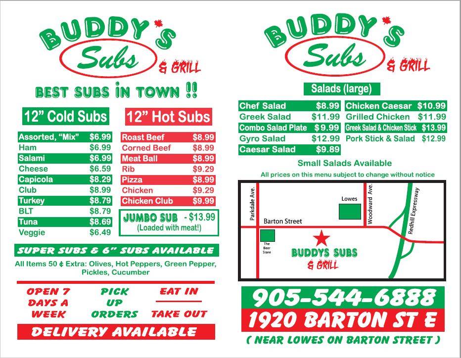 Menu at Buddy's Subs fast food, Hamilton
