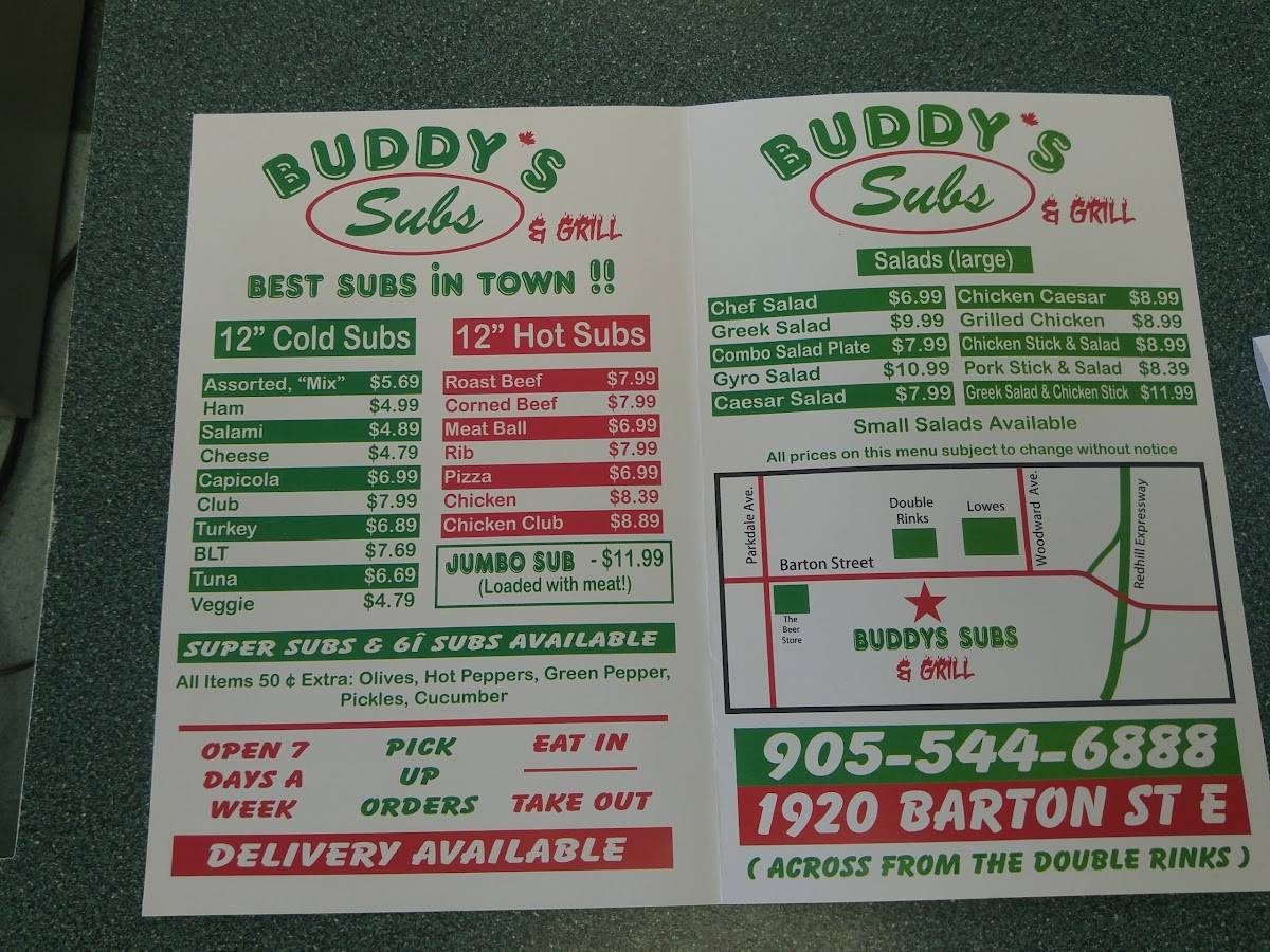 Menu at Buddy's Subs fast food, Hamilton
