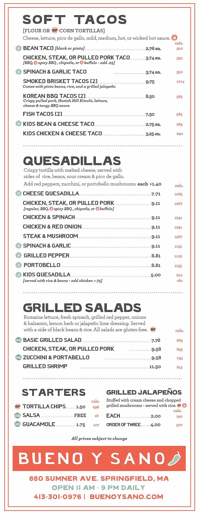 Menu at Bueno Y Sano restaurant, Springfield, 415 Cooley St