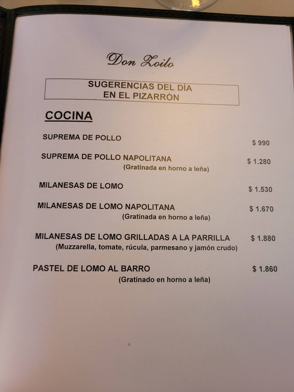 Carta del restaurante Don Zoilo, Buenos Aires