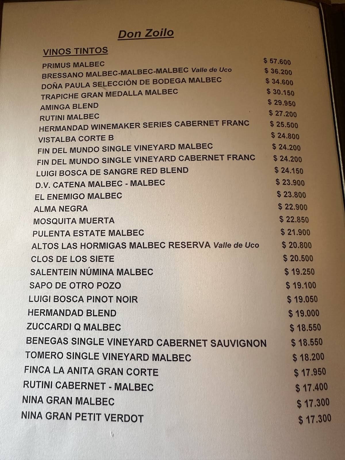 Carta del restaurante Don Zoilo, Buenos Aires