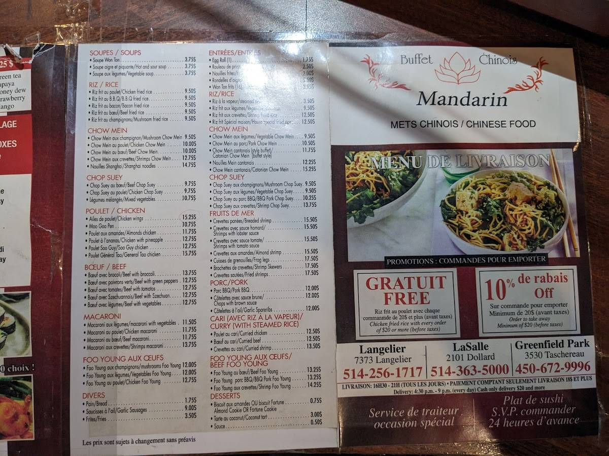 Menu au Buffet Chinois Mandarin restaurant, Montréal, Dollard Ave