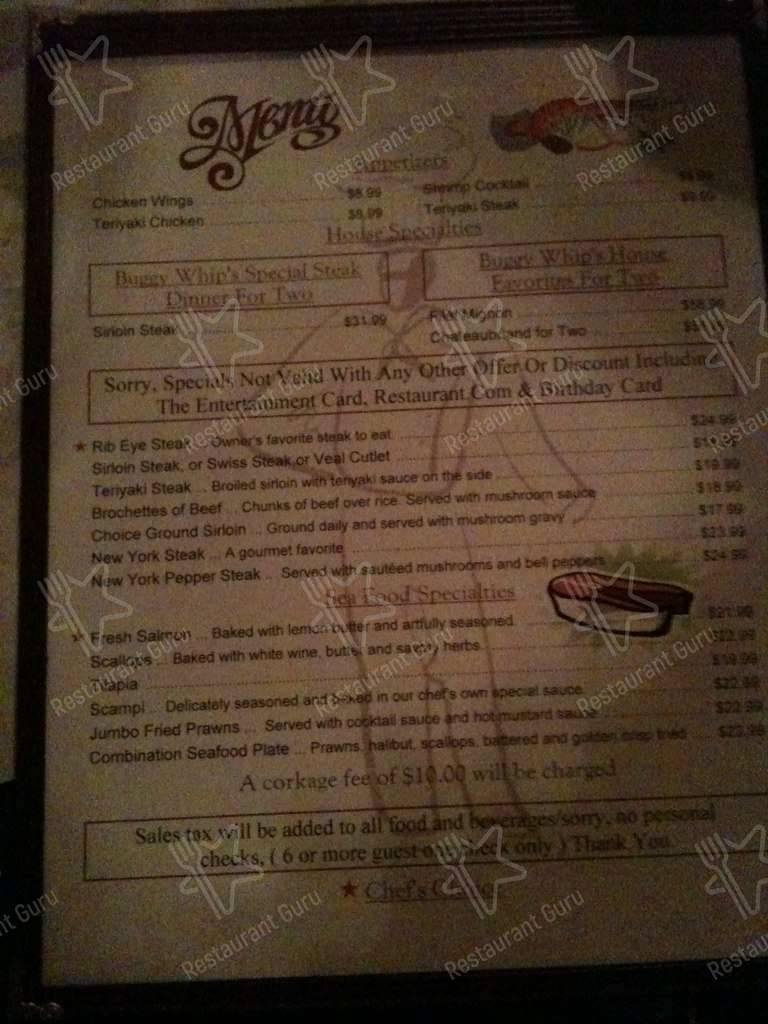 Menu at Buggy Whip Restaurant, Sacramento