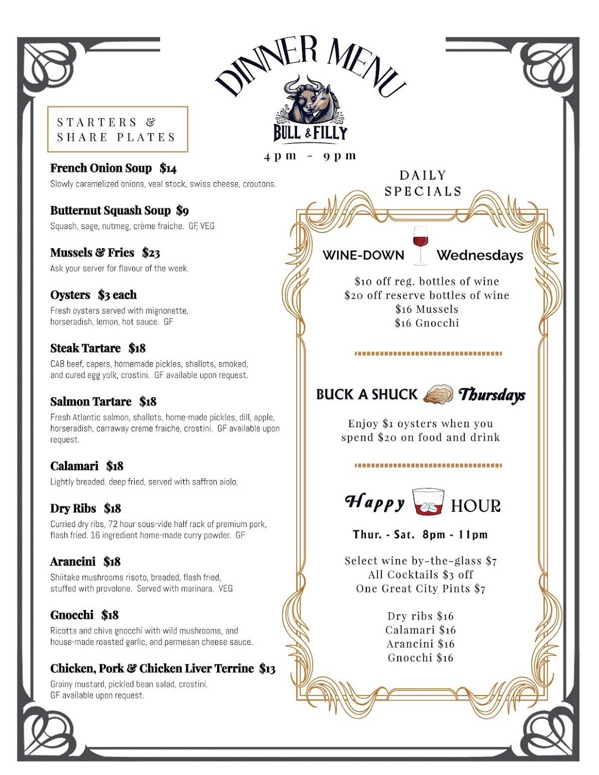 Menu at Bull & Filly restaurant, Winnipeg