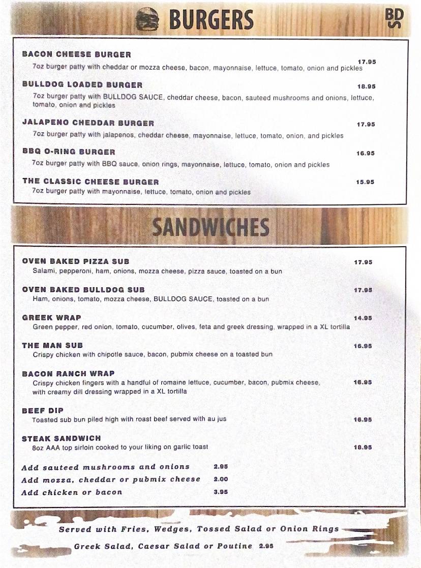 Menu at Bulldogs Saloon pub & bar, Olds