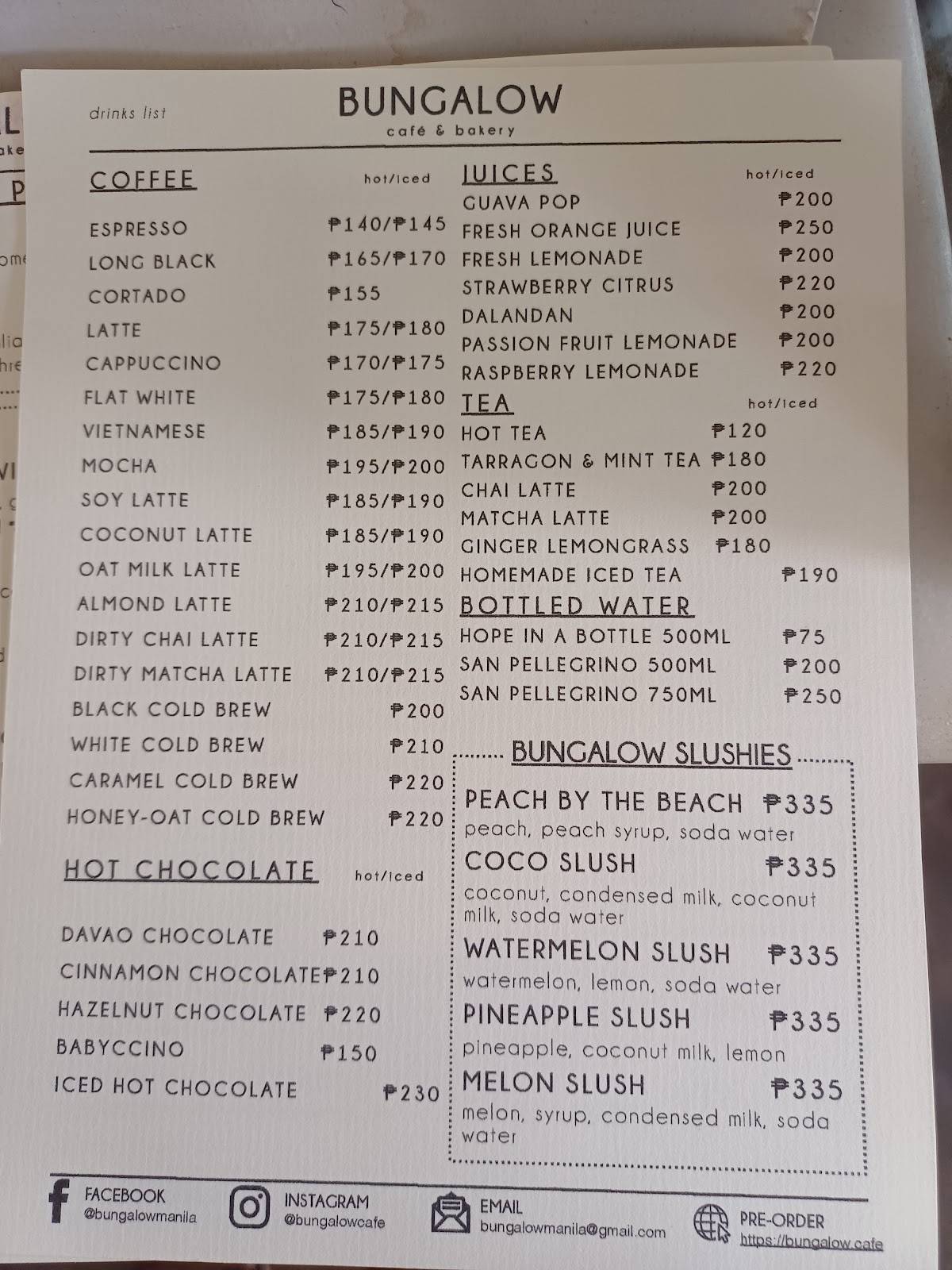 Menu at Bungalow café & bakery, Muntinlupa