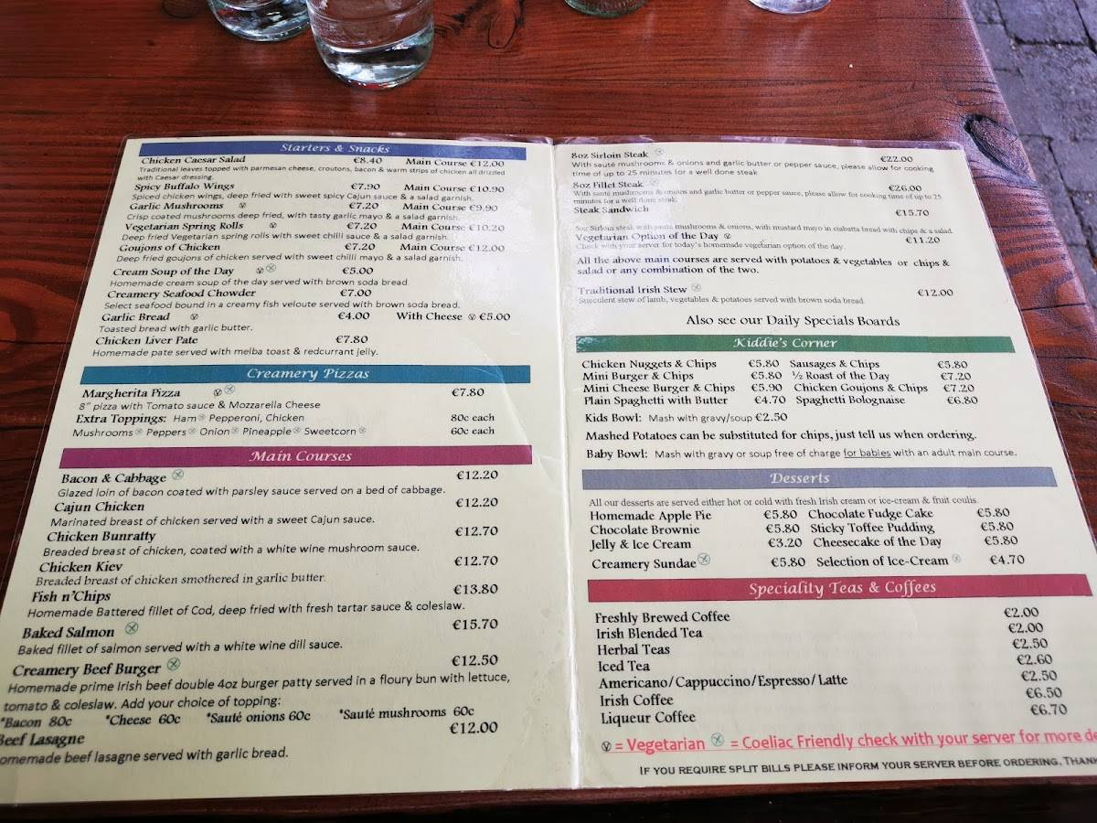 Menu at The Creamery Bar & Restaurant, Bunratty, Old Bunratty Rd