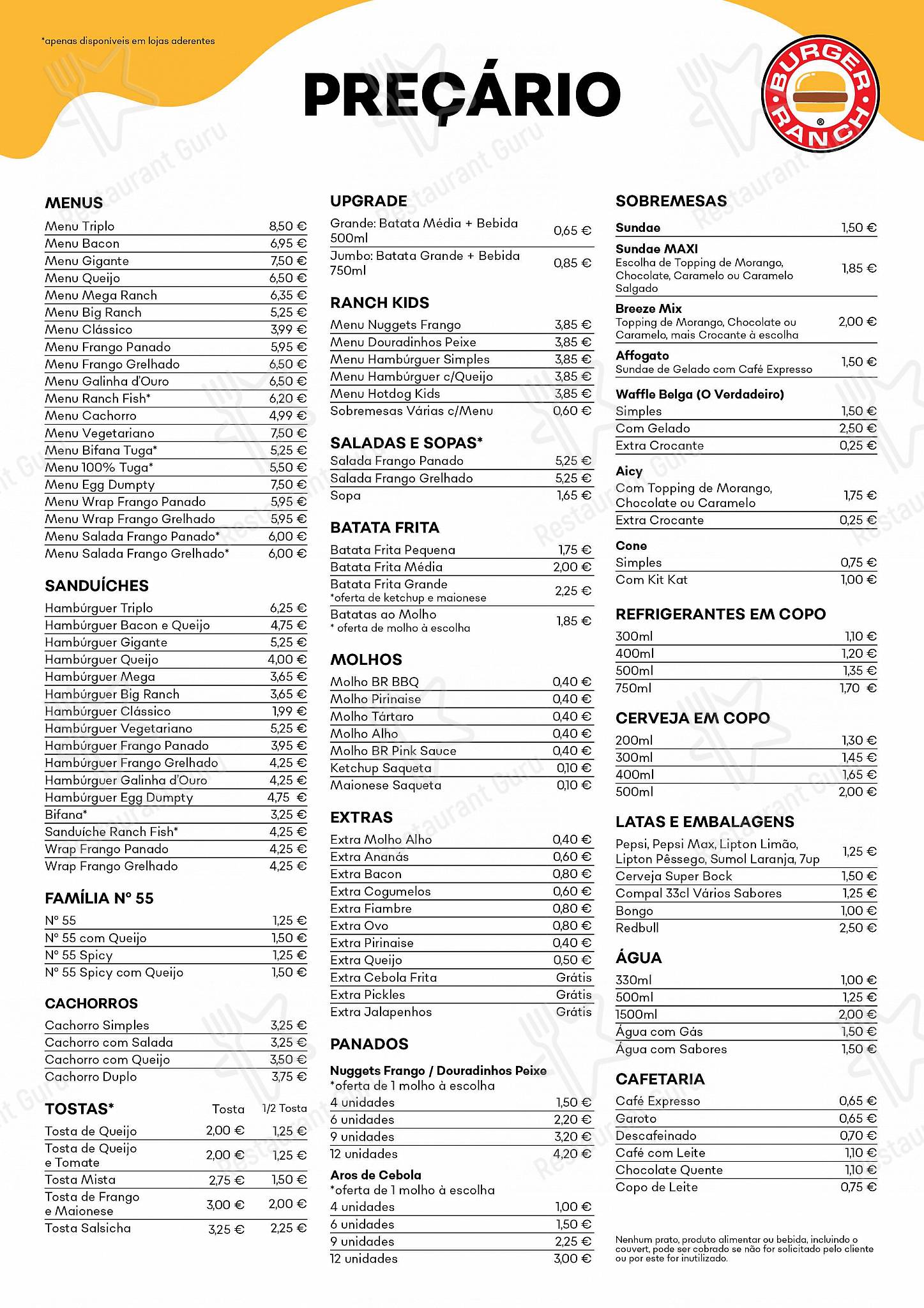 Menu em Burger Ranch restaurante, Monte Gordo