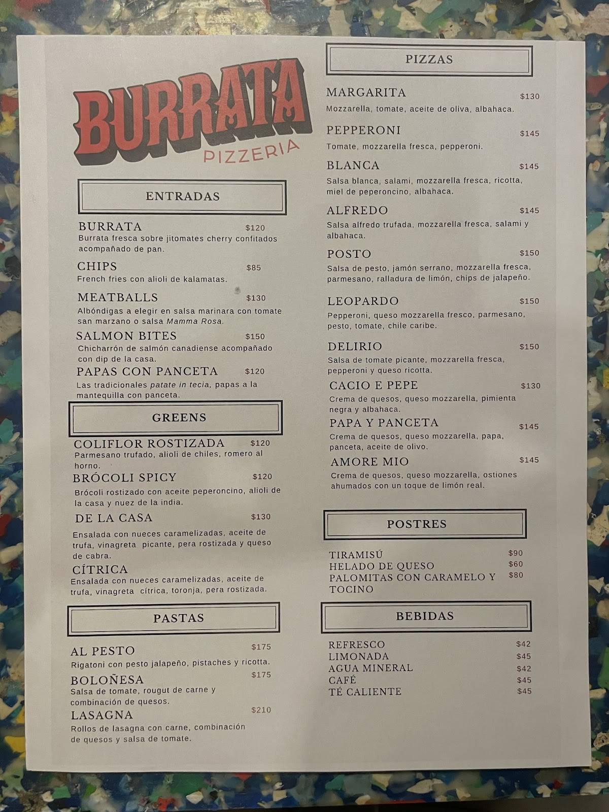 Menu at Burrata restaurant, Hermosillo