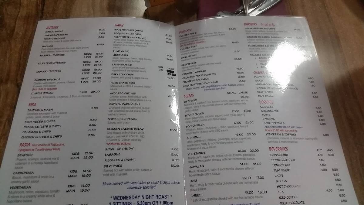 Menu at Burrum Tavern pub & bar, Burrum Heads