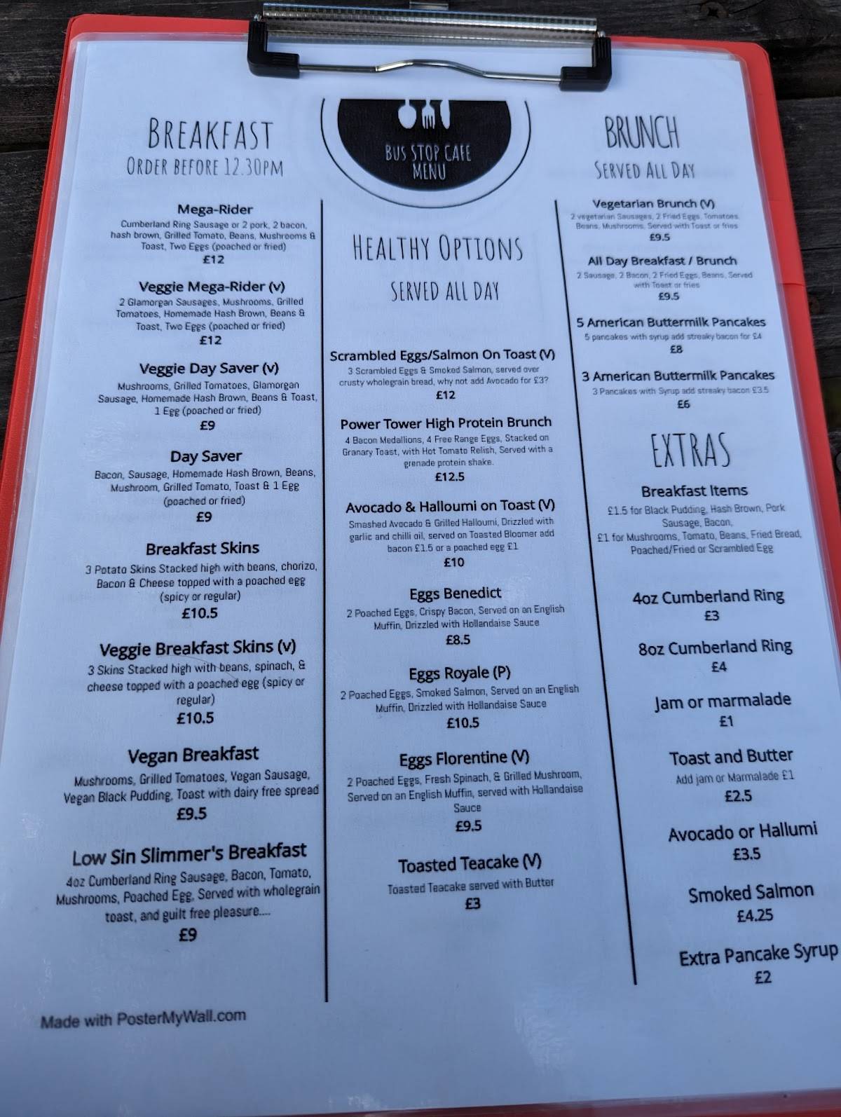Menu at Bus Stop Cafe, Manchester