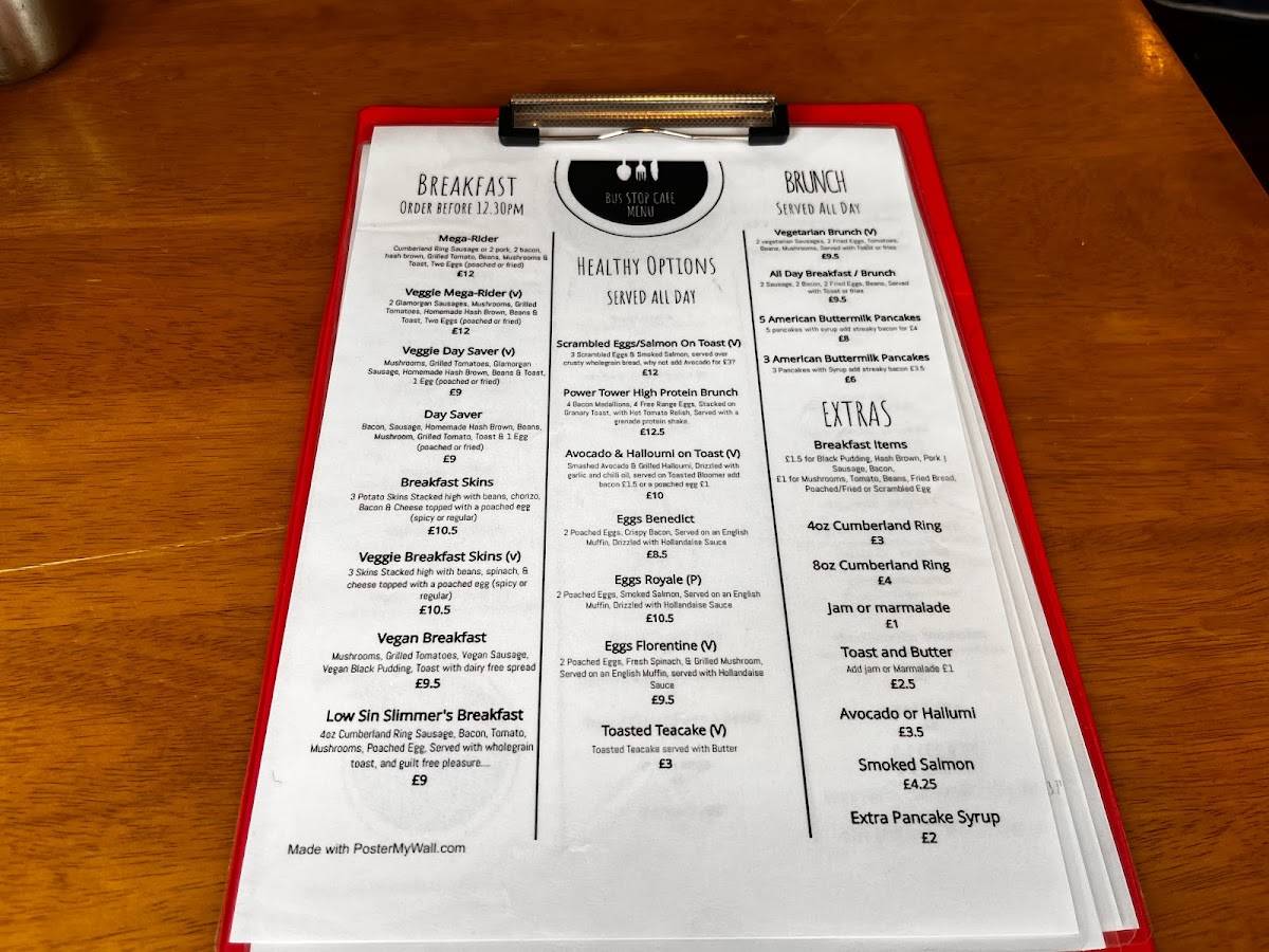 Menu at Bus Stop Cafe, Manchester