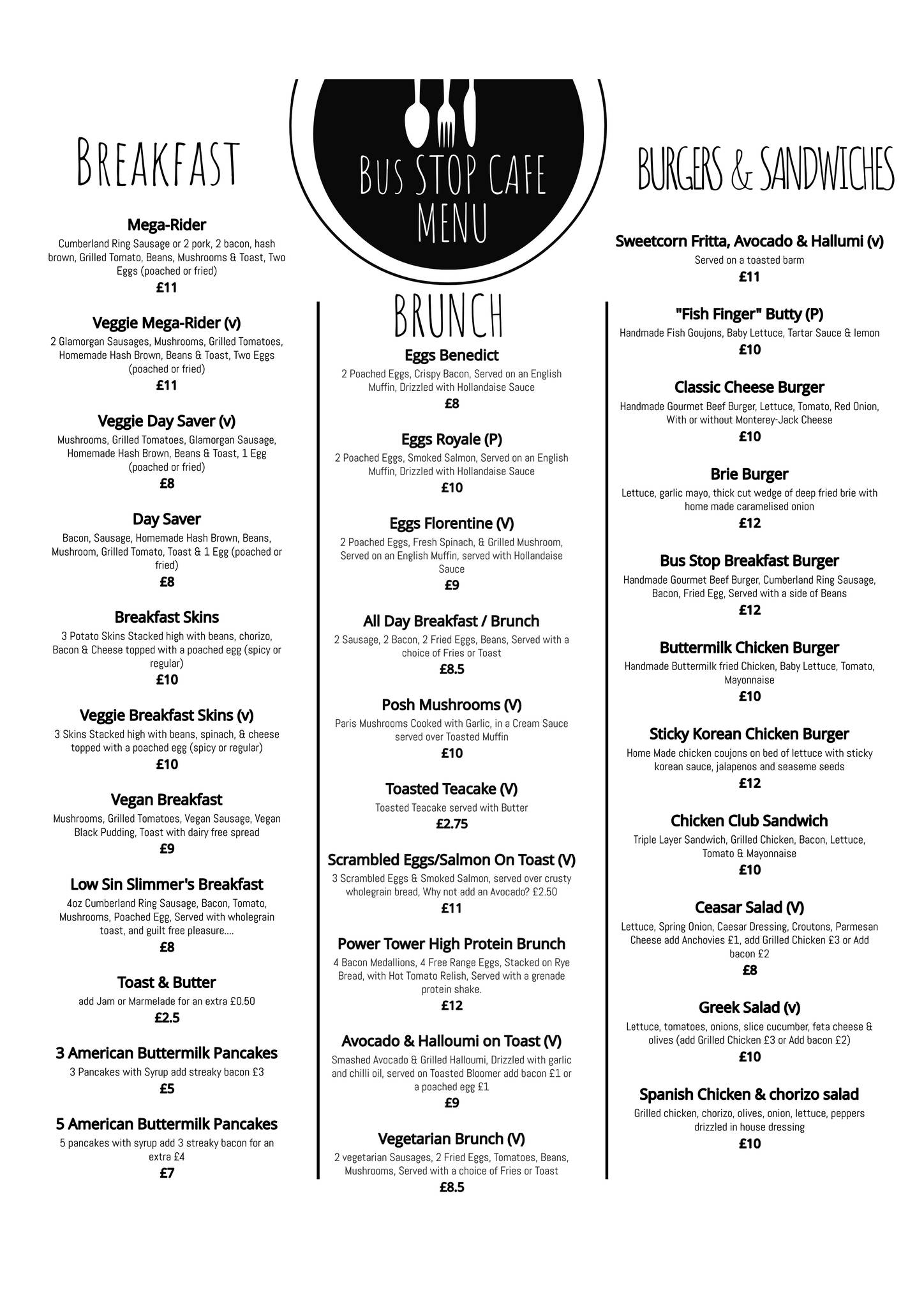 Menu at Bus Stop Cafe, Manchester