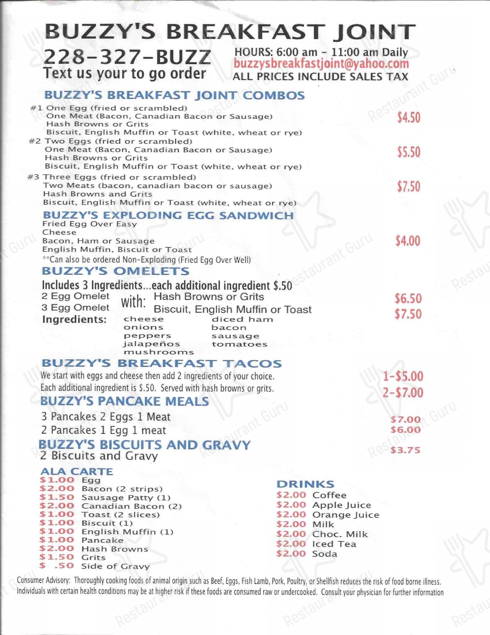 Menu at Buzzy's Breakfast Downtown restaurant, Ocean Springs