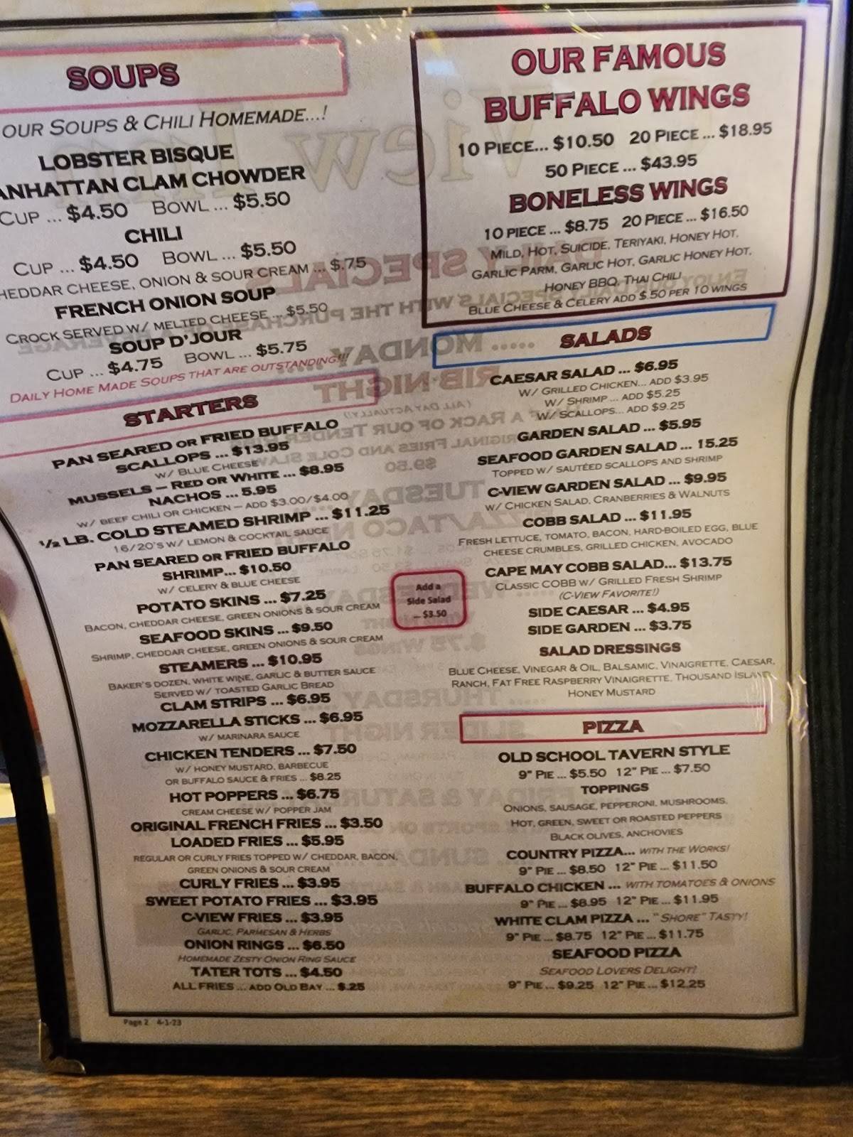 Menu at C View Inn pizzeria Cape May