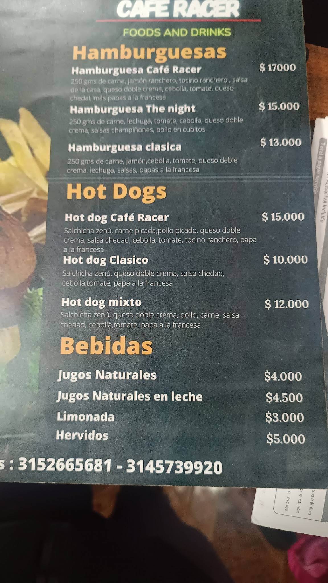 Menu at CAFE RACER MR, Pasto