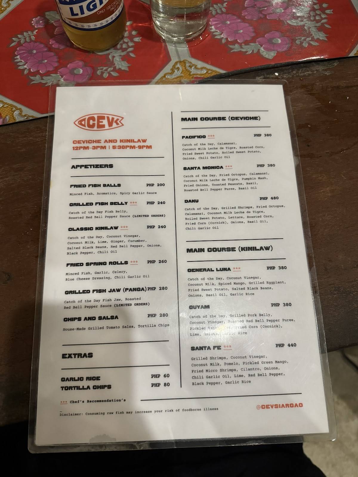Menu at CEV: Ceviche & Kinilaw Shack restaurant, General Luna