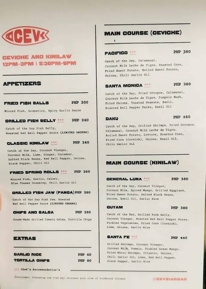 Menu at CEV: Ceviche & Kinilaw Shack restaurant, General Luna