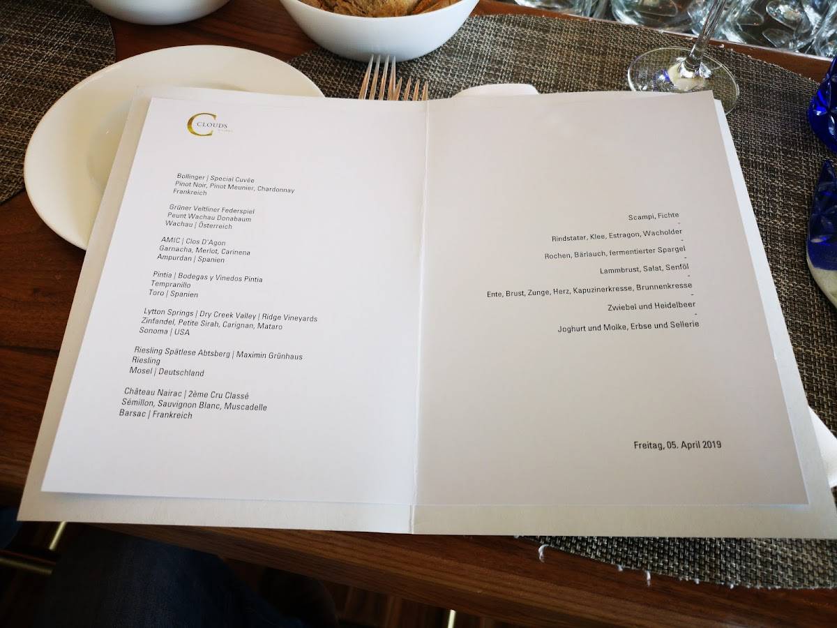 Menu at CLOUDS, Zürich, Maagpl. 5
