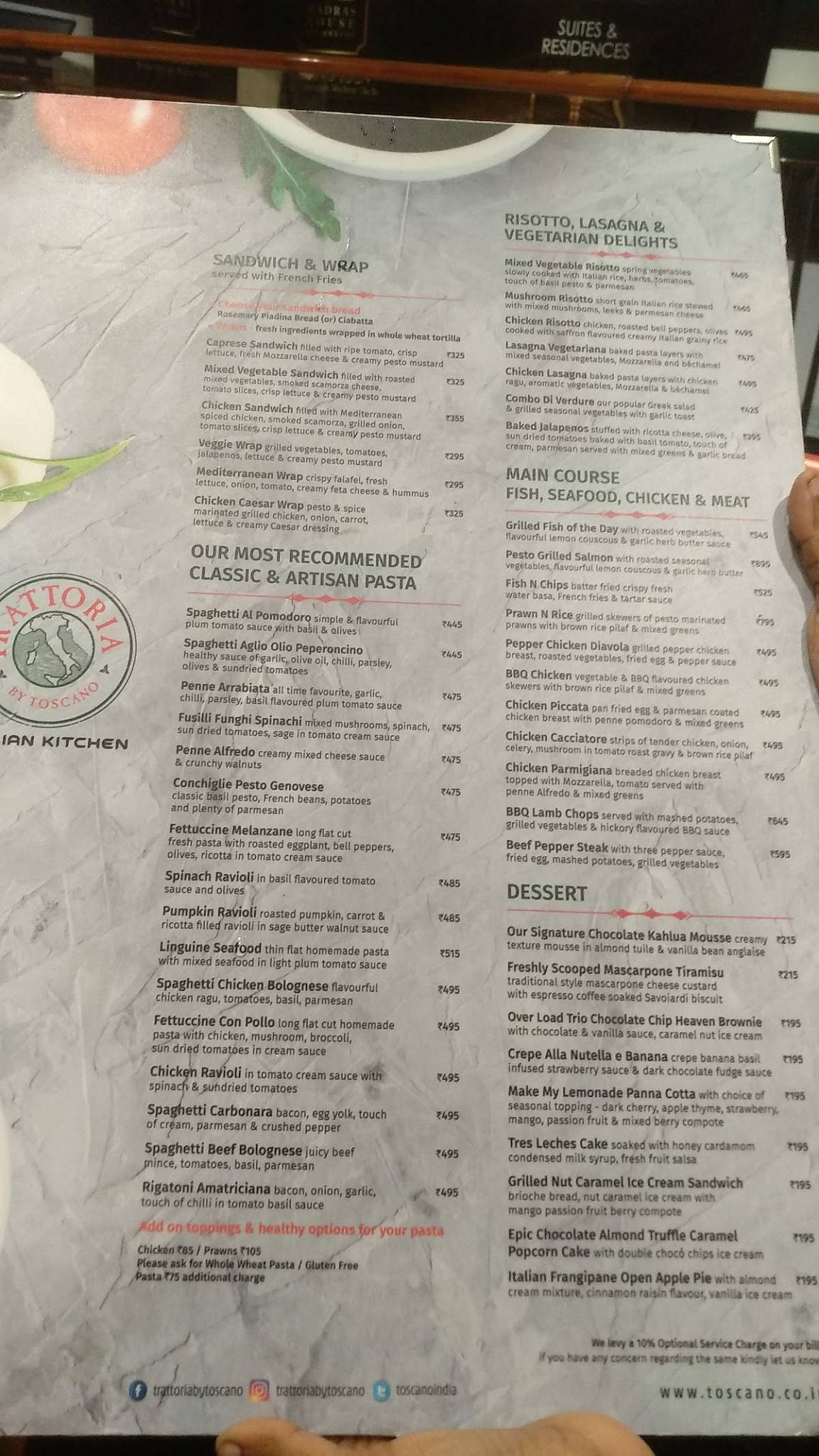 Menu at Toscano, Chennai, VR Chennai