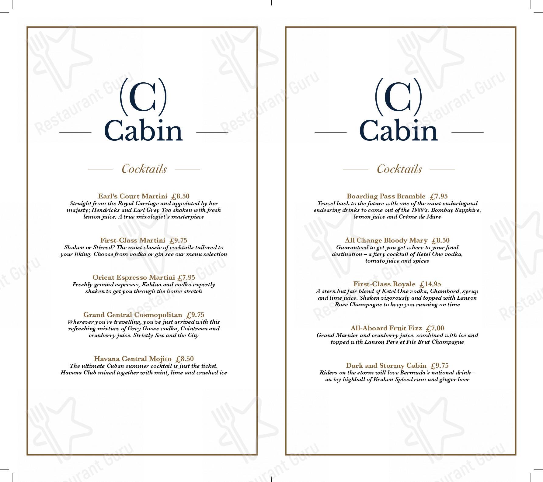 Menu at Cabin Bar Bristol Airport, Bristol, Bristol Airport