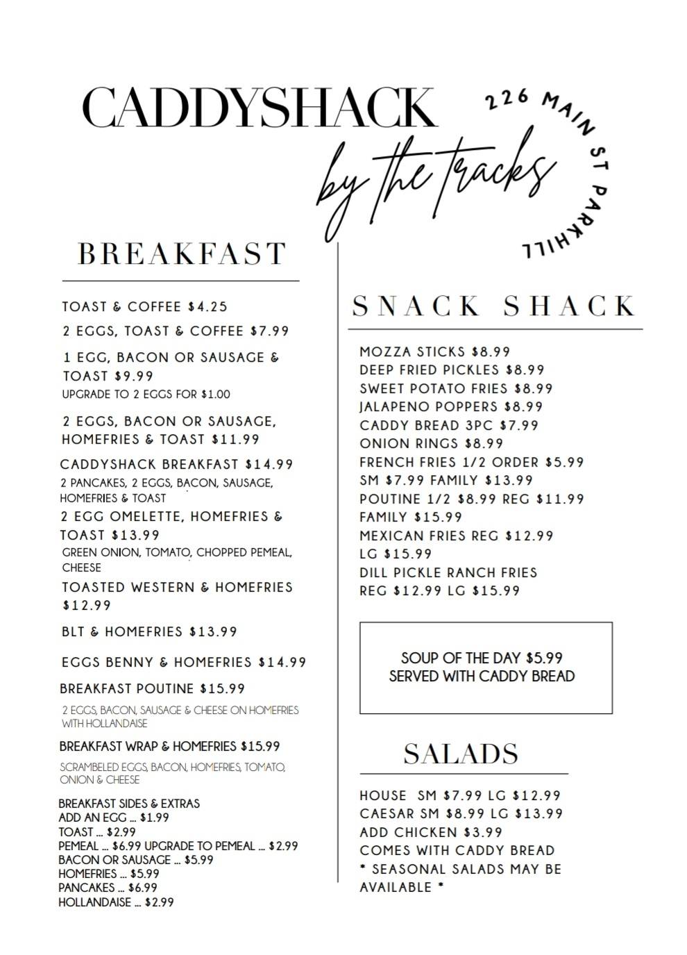 Menu at Caddyshack restaurant, Parkhill