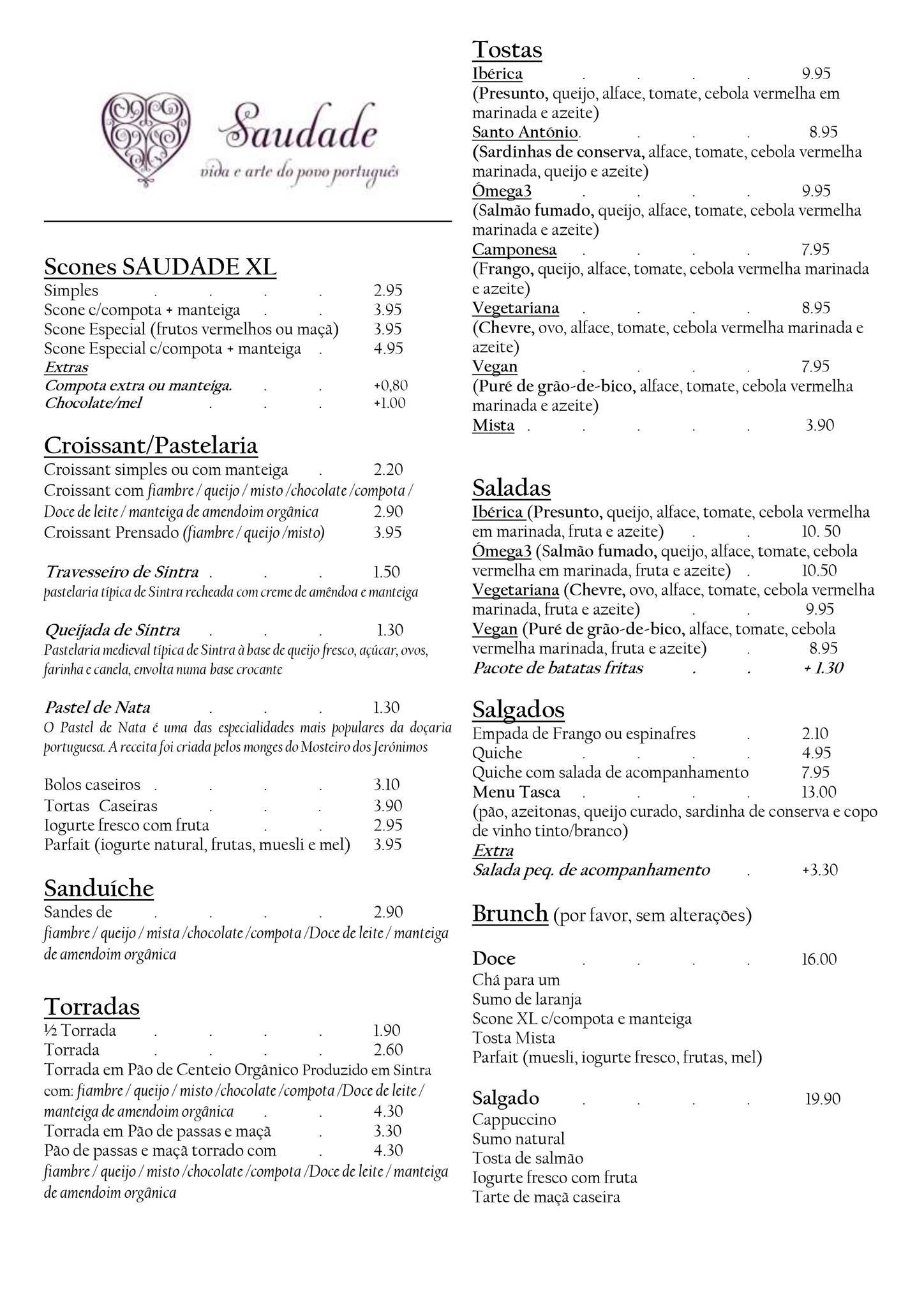 Menu at Cafe Saudade, Sintra
