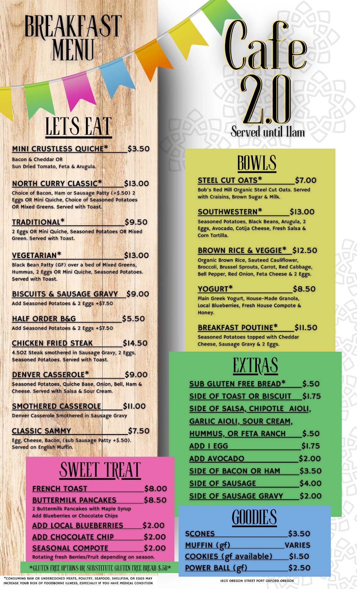 Menu at Cafe 2.0, Port Orford