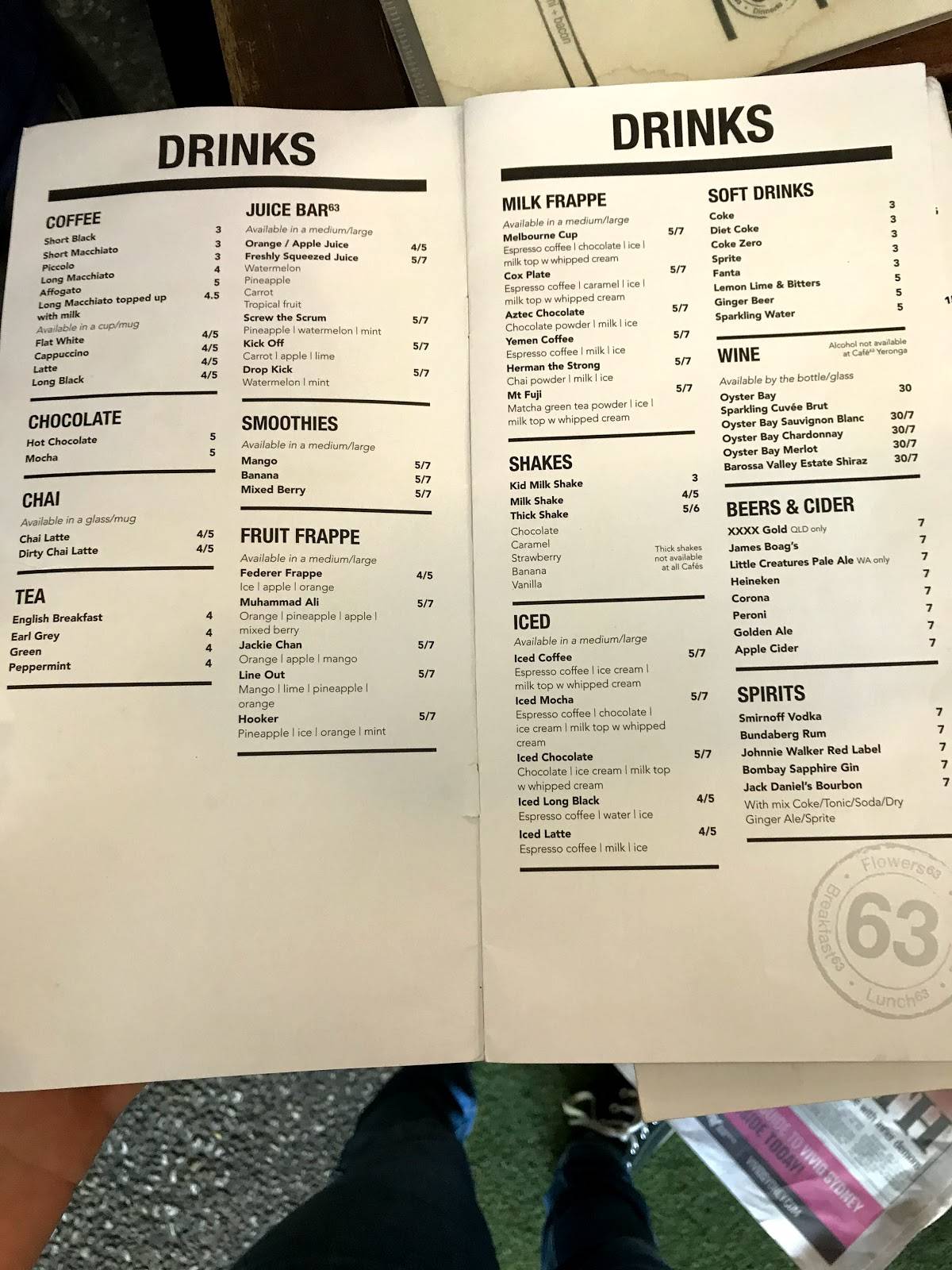 Menu at Cafe 63, South Brisbane, 7/220 Melbourne St