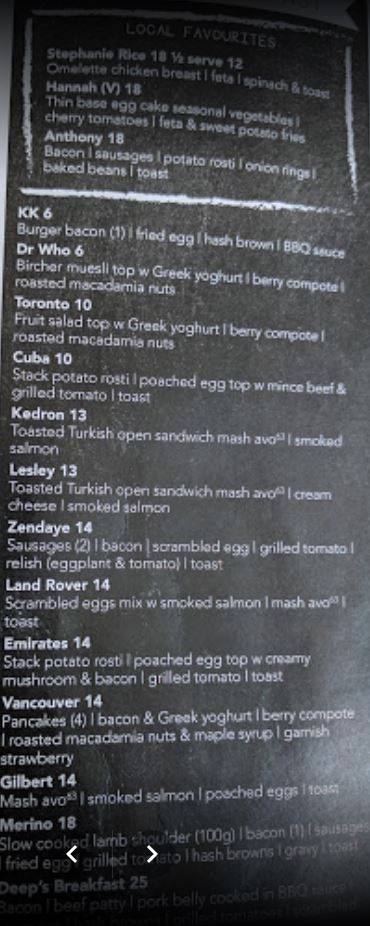 Menu at Cafe 63, South Brisbane, 7/220 Melbourne St