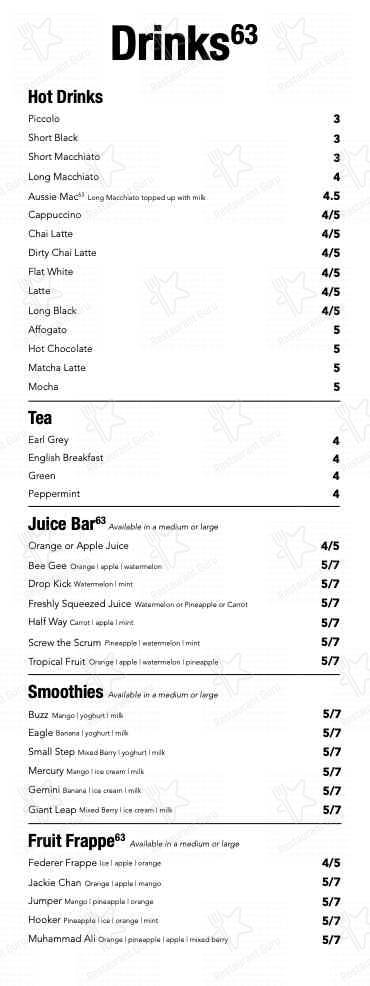 Menu at Cafe 63, South Brisbane, 7/220 Melbourne St
