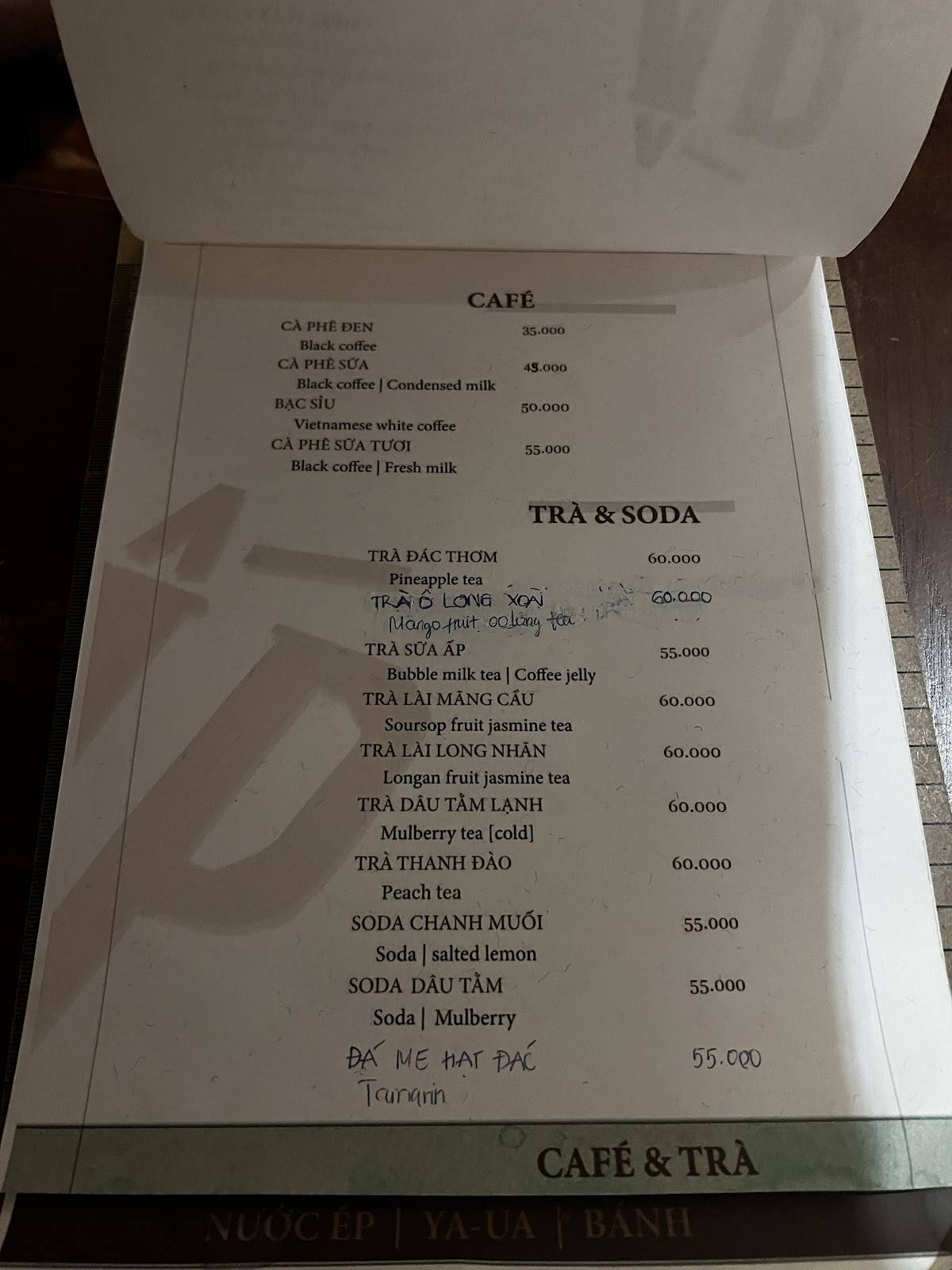 Menu at ẤP cafe, Ho Chi Minh City