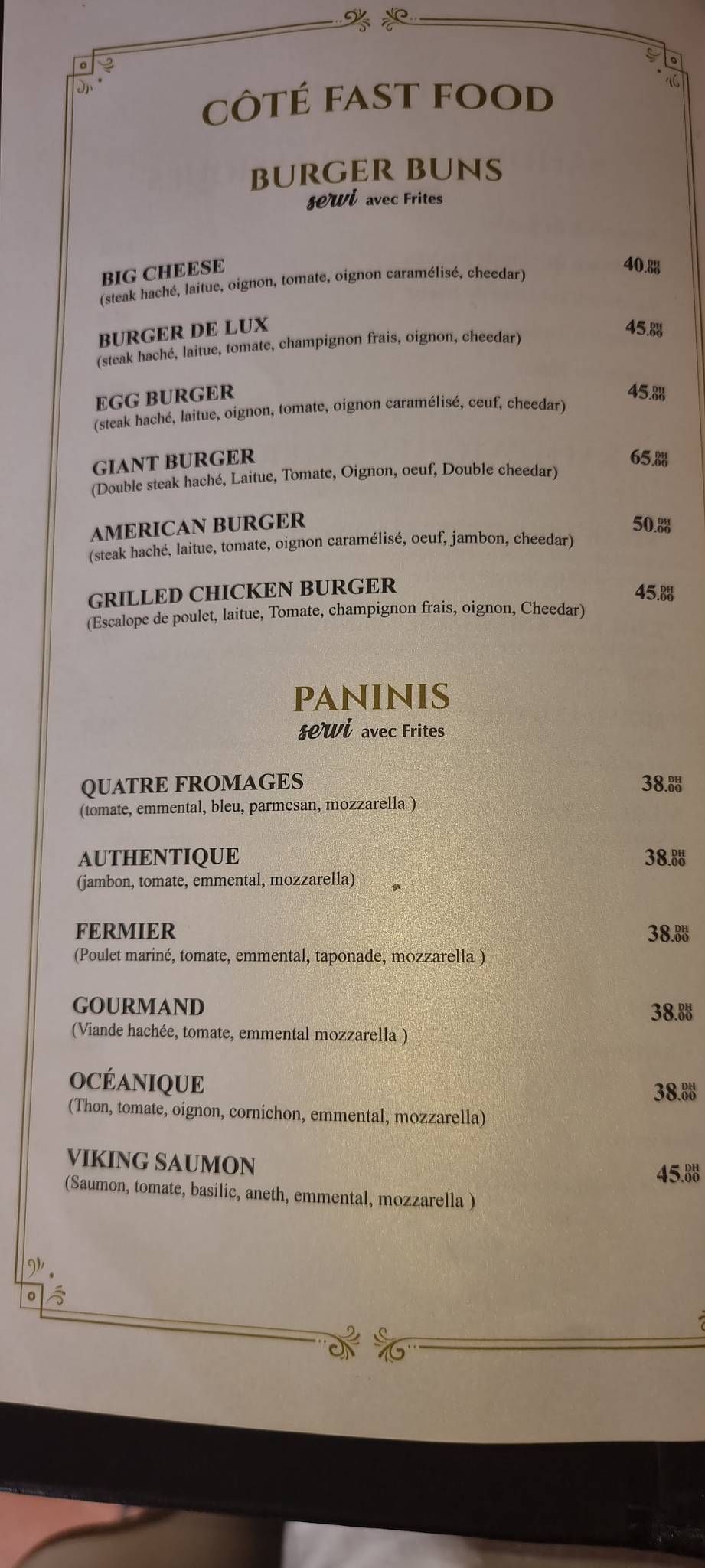 Menu au Café Amiga, Casablanca
