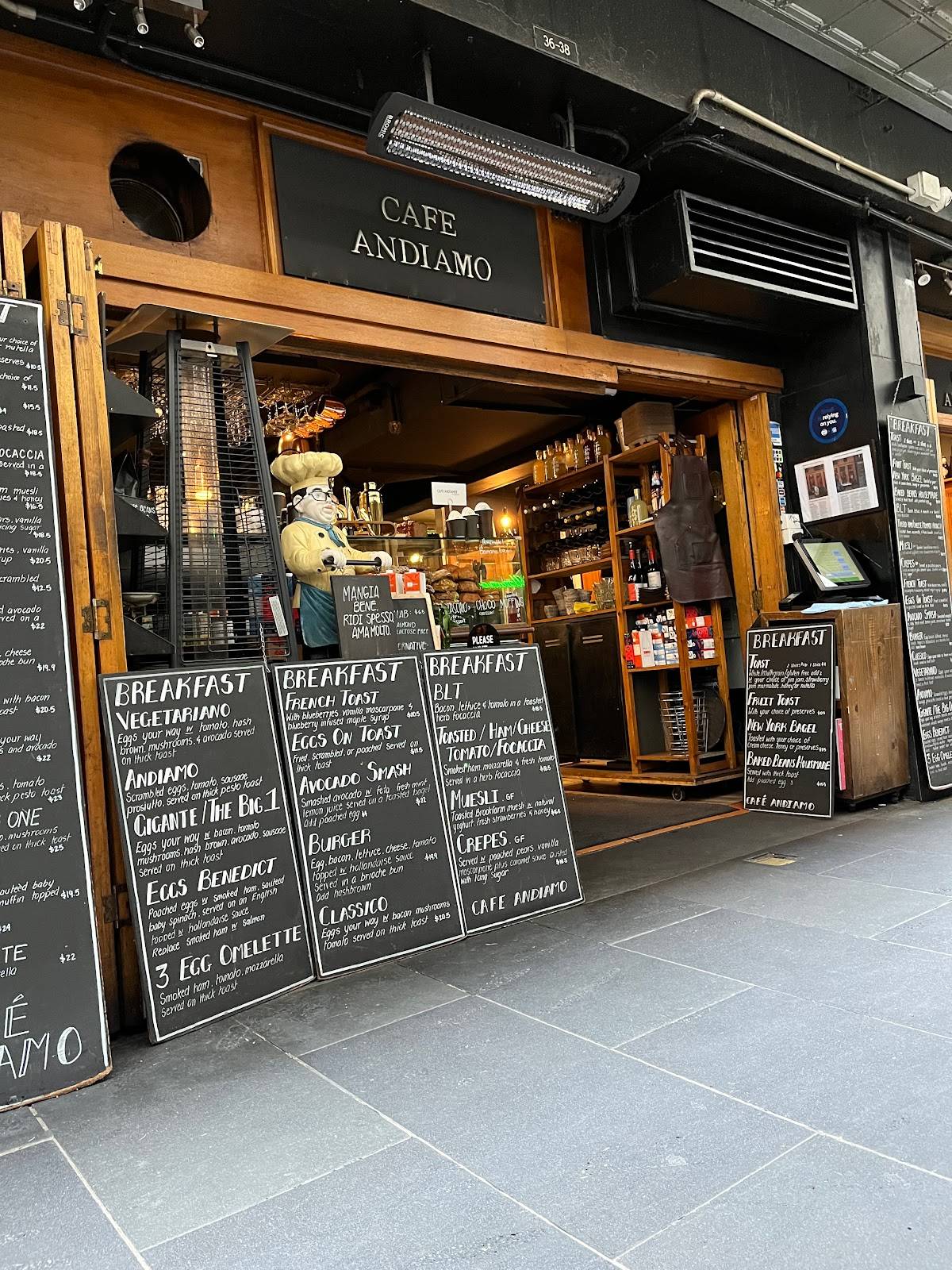 Menu at Cafe Andiamo, Melbourne