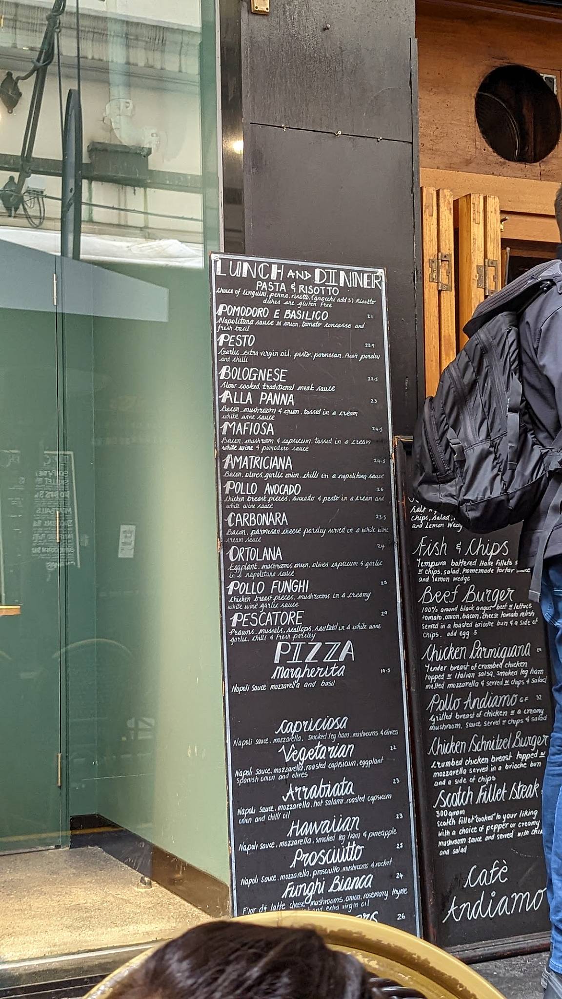 Menu at Cafe Andiamo, Melbourne