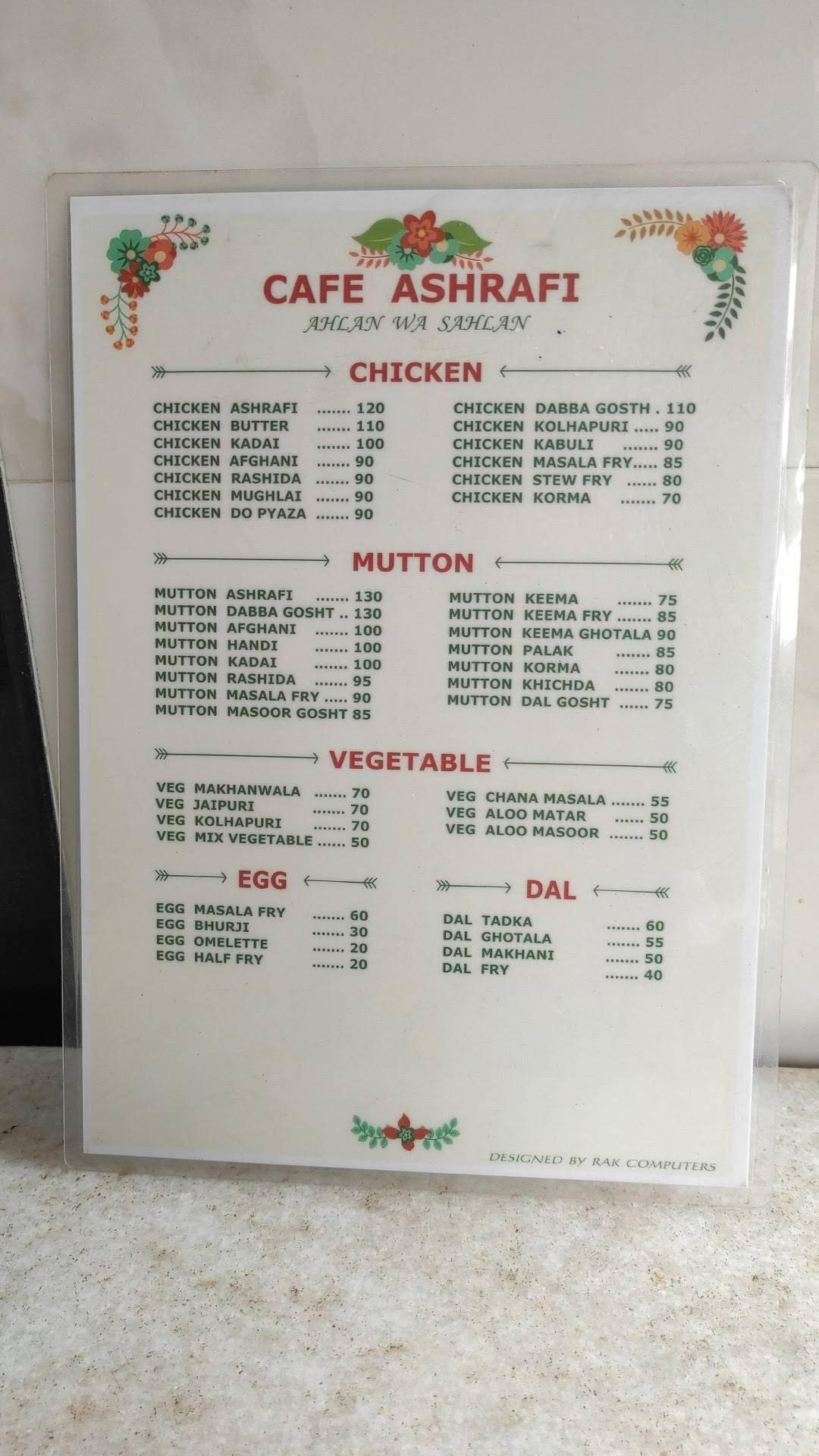 Menu at Cafe Ashrafi, Mumbai