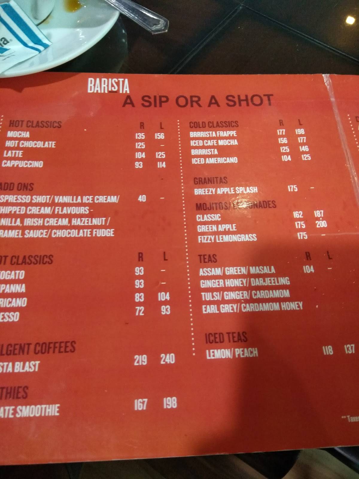 Menu at Barista Lavazza, Varanasi, JHV Mall